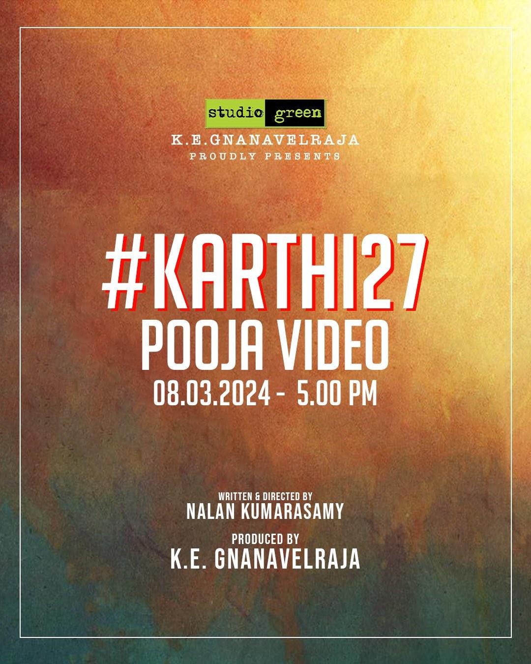 Karthi 27: Pooja Video of Karthi, Nalan Kumarasamy film gears up for release Tamil Movie, Music ...
